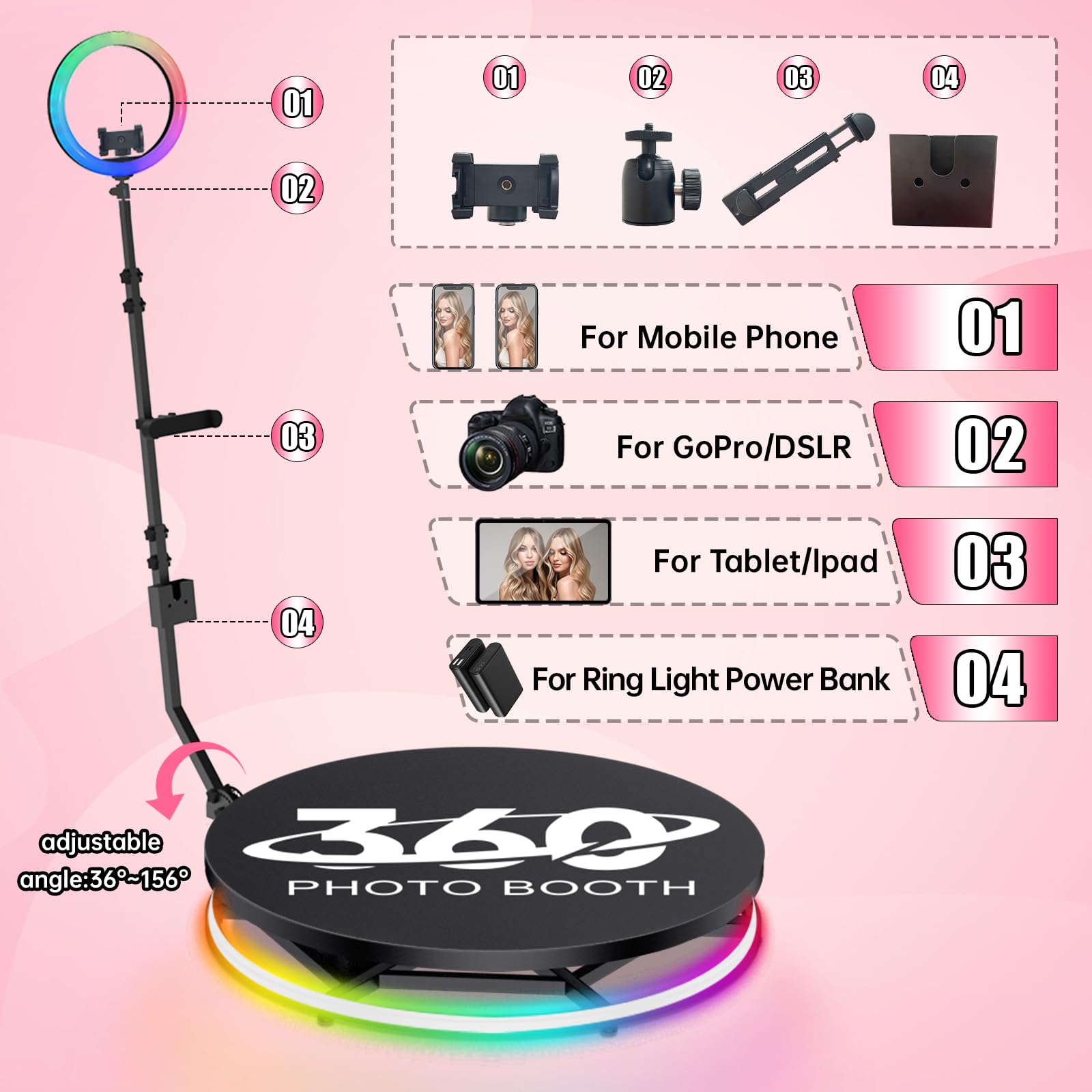 360 Photo Booth Machine with Flight Case, Infinity Glass 360 Camera Booth Free Custom Logo Remote Control 360 Degree Automatic Rotating (39.4in with Flight Case)