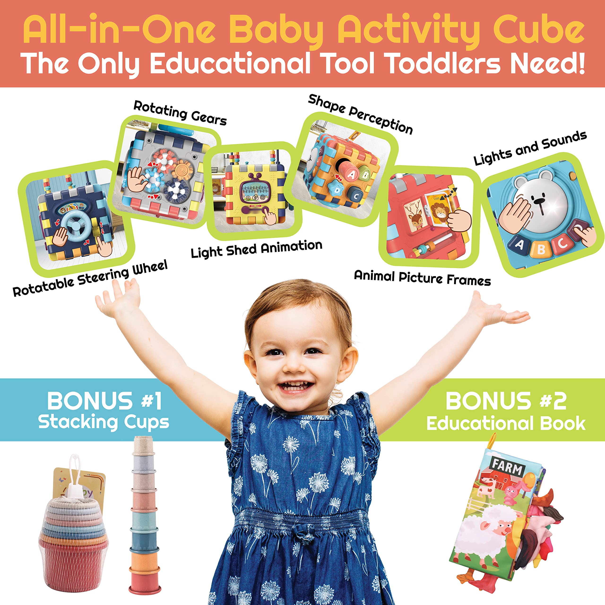 Baby Activity Cube with Lights and Music 6 in 1 Interactive Shapes, Letters, and Colors, Early Learning and Educational Toys for 1, 2 Years Old Multipurpose Educational, Toddler, First Birthday Gift