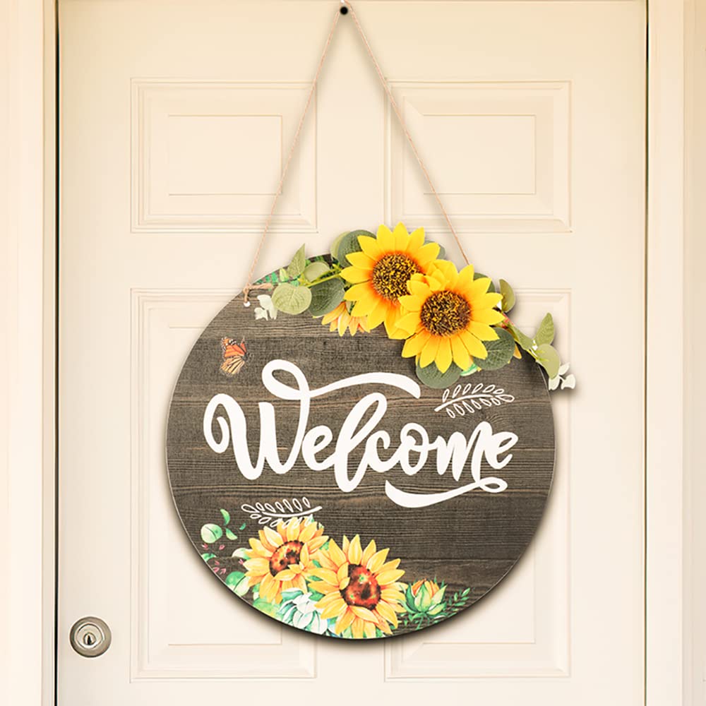 Anpress Welcome Sign for Front Door Round, 12x12inch Sunflower Welcome Sign Farmhouse Porch Decoration Rustic Artificial Sunflower Christmas Decor Wooden Hanging Sign for Home Garden Bedroom