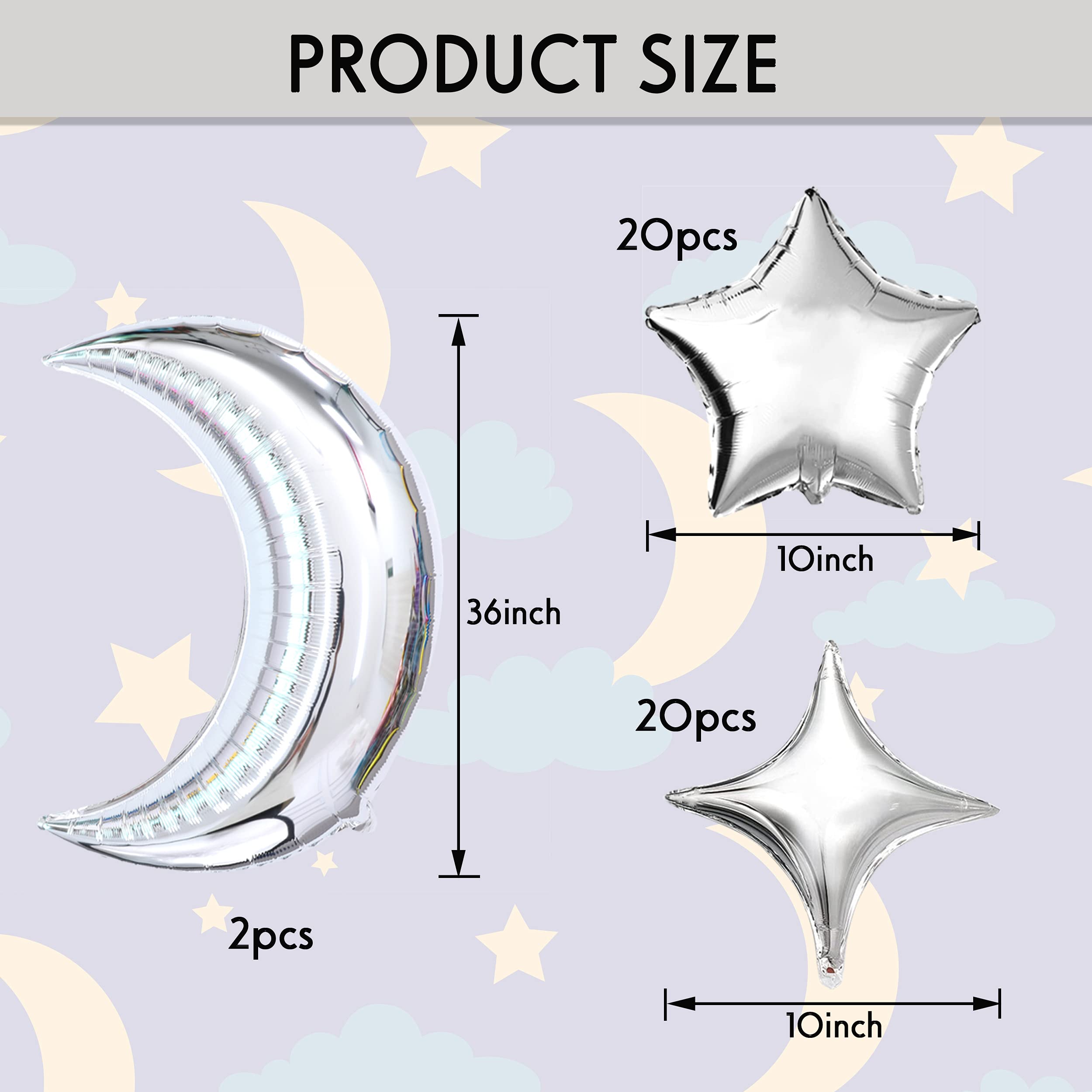 42pcs Silver Star Balloons Silver Moon Balloons Star Balloons Metallic Moon and Star Balloons for Ramadan Eid Mubarak Decorations Graduation, Baby Shower, Space Birthday Party Decorations Supplies