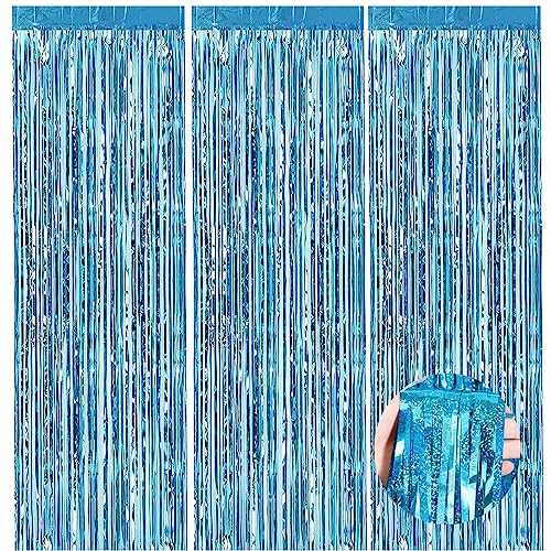 3 Pack Blue Metallic Tinsel Foil Fringe Curtains Backdrop，3.3 ft x 8.2 ft Blue Foil Fringe Curtains Decorations，for Photo Background Party Decorations,Graduation Decorations foil Fringe