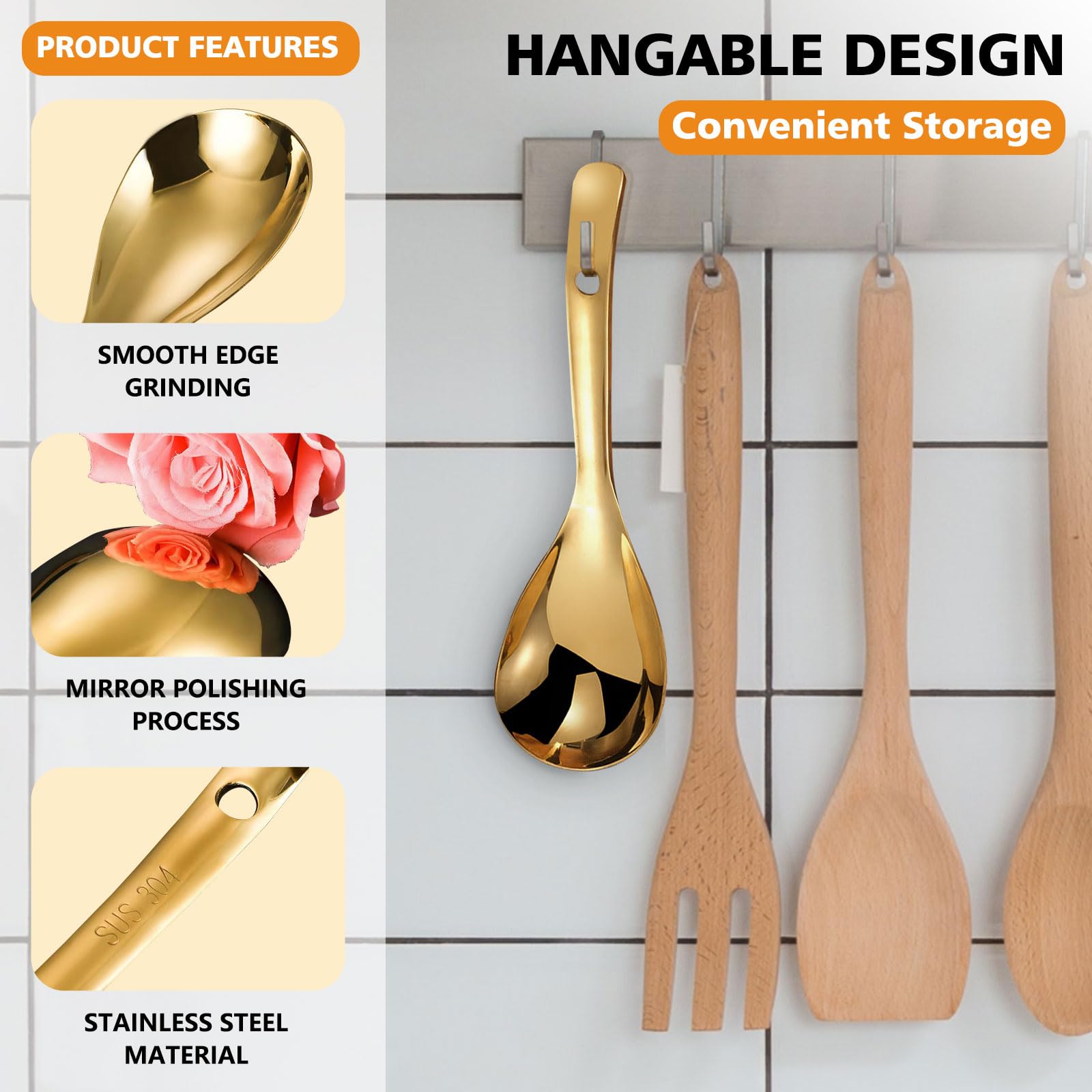 9 Inch Gold Stainless Steel Rice Spoon Paddle, Metal Rice Spatula Scoop, Non-Stick Rice Cooker Spoon, Soup Ladle Rice Scooper Spoons for Serving Cooking Kitchen Utensil