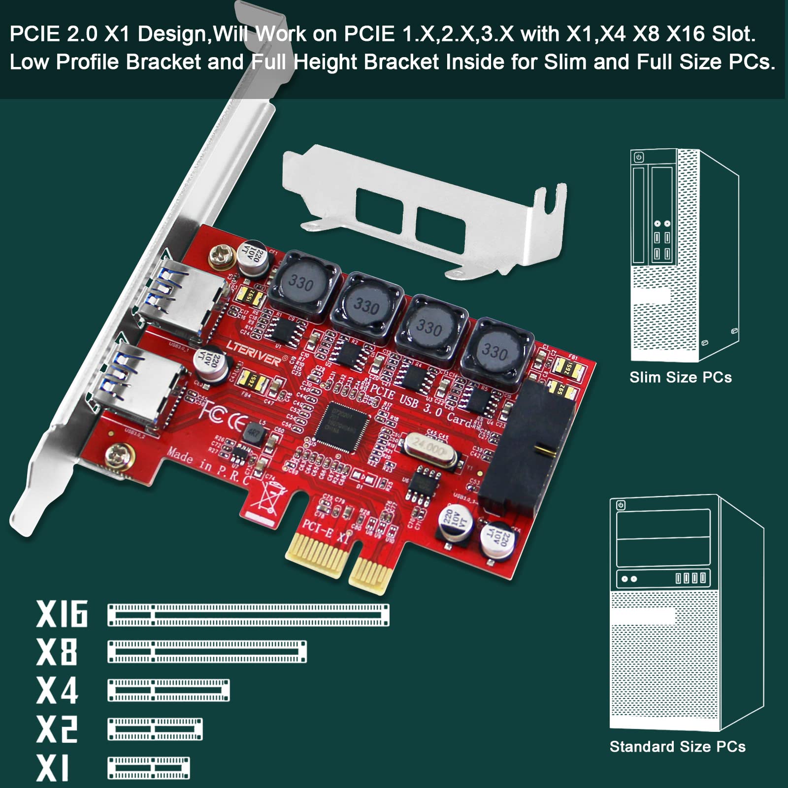 LTERIVER PCIE to 1X 19Pin USB 3.0 Header and 2X USB-A Ports, PCIE USB 3.0 5Gbps Expansion Card for Windows 11, 10, 8.1, 7, XP (32/64), Built Smart Power Control Technology (PCE-IN2EX2)