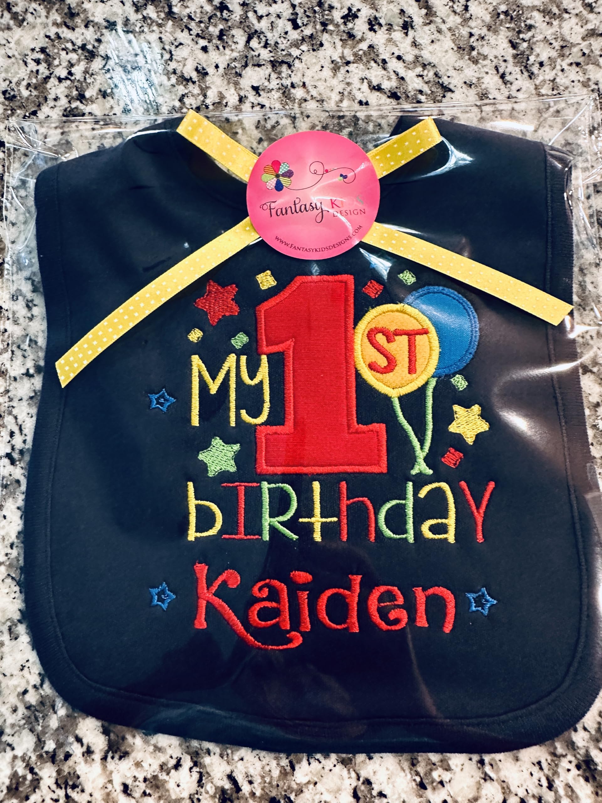 Fantasy Kids Designs First Birthday Boy Bib Personalized with Baby Name (Navy Blue Bib/Red)