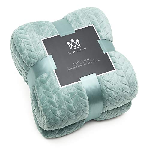 Kingole Flannel Fleece Luxury Throw Jacquard Weave Blanket, Celadon Twin Size Leaf Pattern Cozy Couch/Bed Super Soft and Warm Plush Microfiber 350GSM (66 x 90 inches)