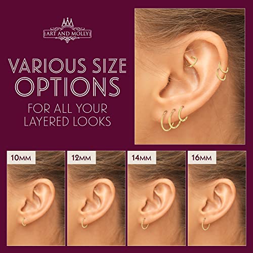 14k Yellow Gold Endless Hoop Earrings Tiny Round Flexible Thin Small little Continuous Real Pure Gold Hoops (10mm)