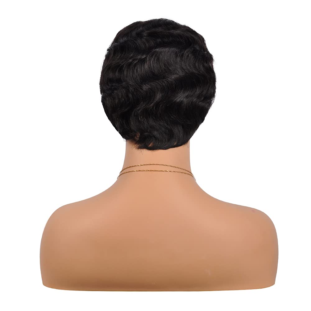 YOLANFAIRY Short Pixie Cut Wigs For Black Women Mommy Brazilian Finger Ocean Wave Remy Human Hair Cheap Wig For Party(Black 1B#)