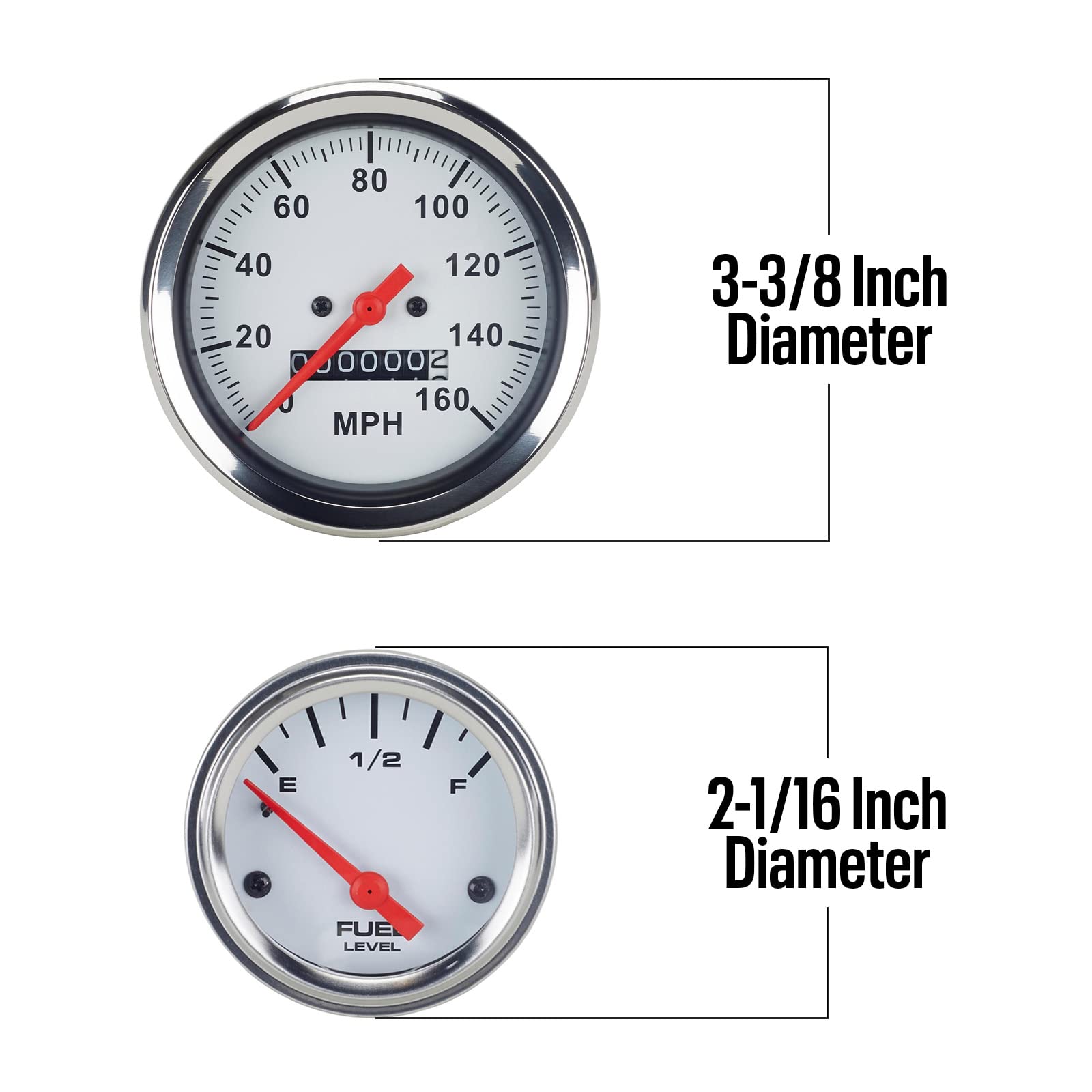 5-Gauge Set Complete Kit: 3-3/8" Mechanical Speedometer, 2-1/16" Component Gauges with White Face, Red Pointer & Chrome Bezel, Includes Tubing, Adapters, Fuel Level Sender