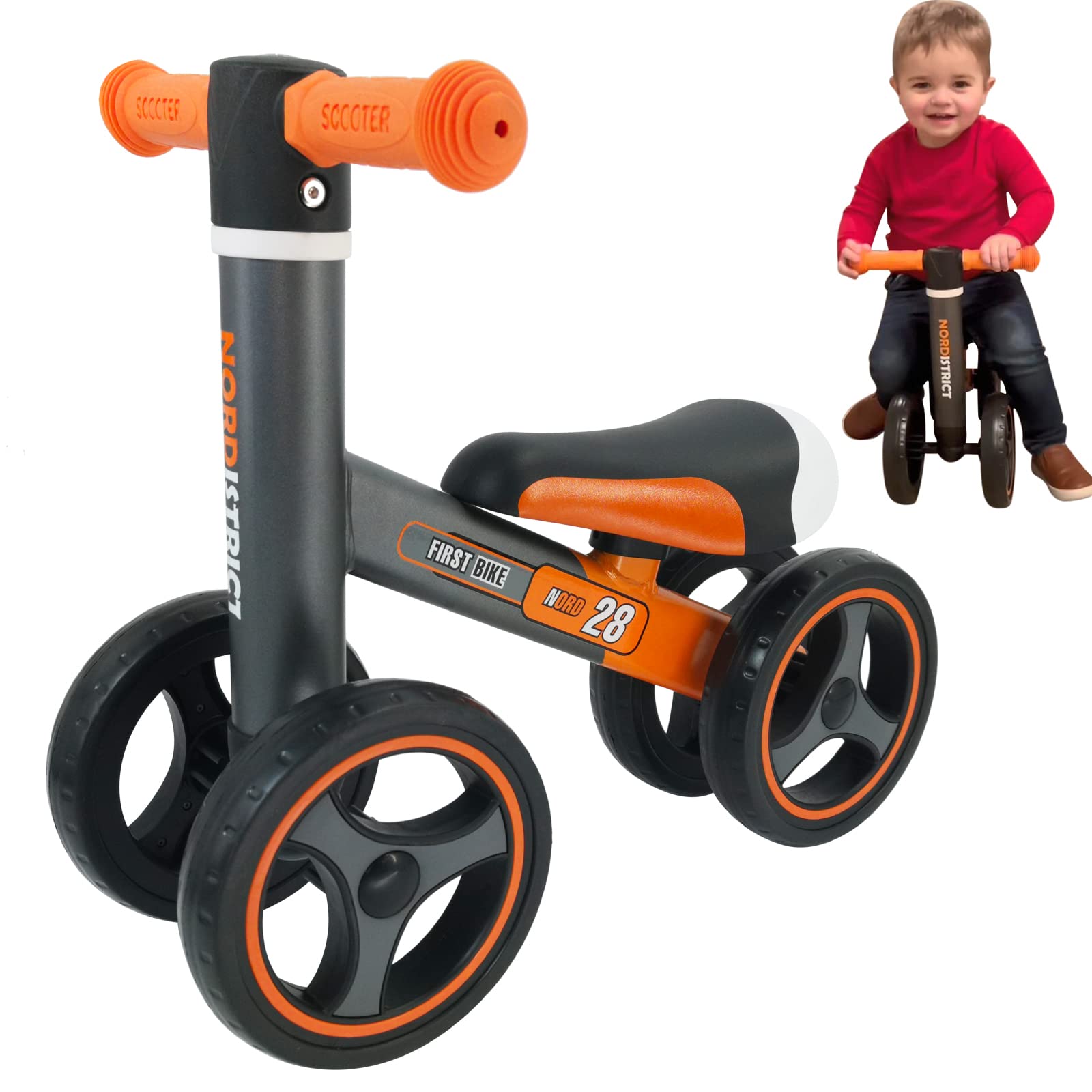 Baby Balance Bike, Built-in Compass Toddler Bikes 18-36 Months Toys for 1 Year Old Gift Bike, Train Baby from Standing to Running, Baby Bike with 4 Silent Wheels, First Birthday Gifts(Orange)