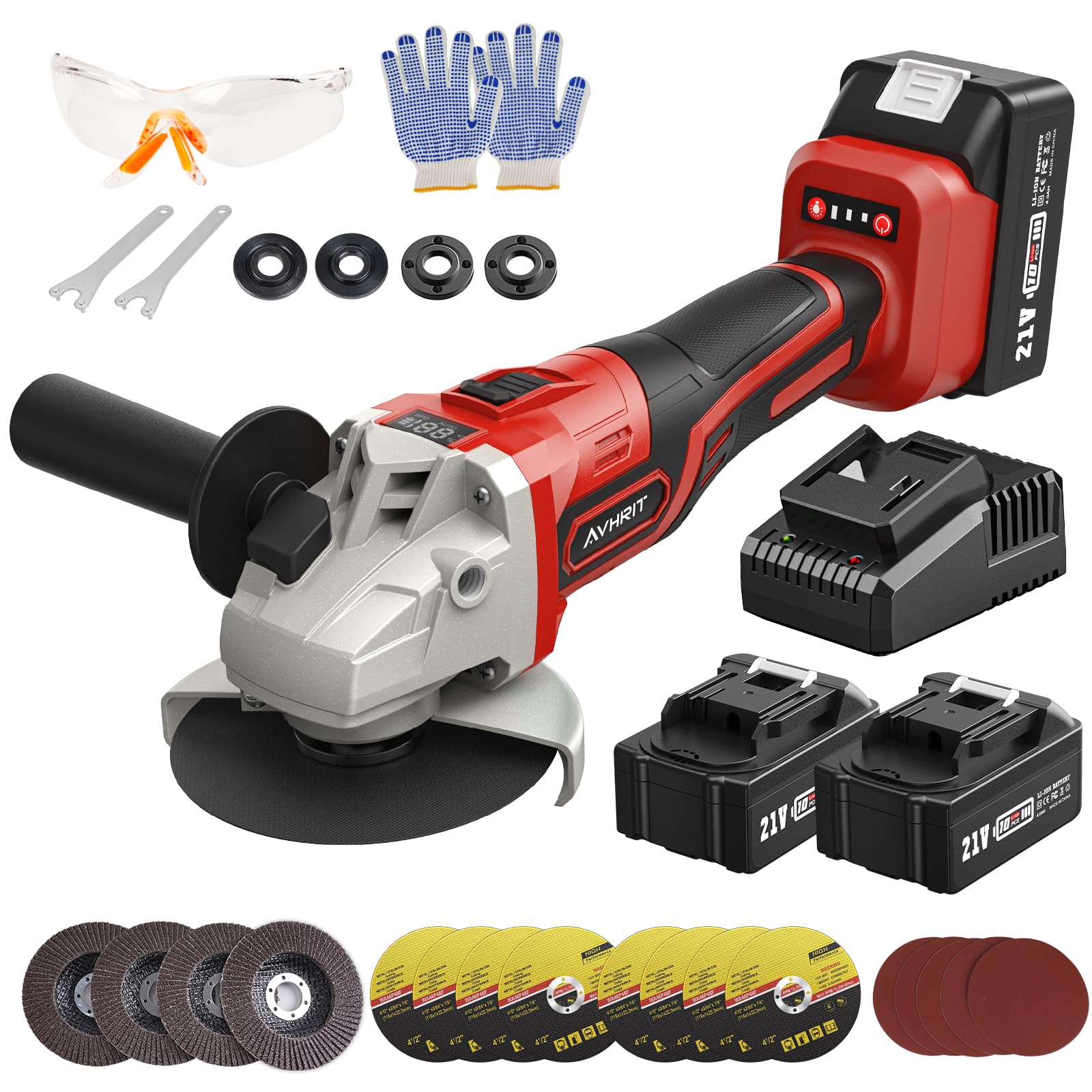 21V Cordless Angle Grinder, 4-1/2'' Power Angle Grinder Tools with 2PCS 4.0Ah Batteries, 9500RPM Brushless Electric Battery Grinder, Cordless Grinder with Cutting Wheel Disc for Metal Cutting,Grinding