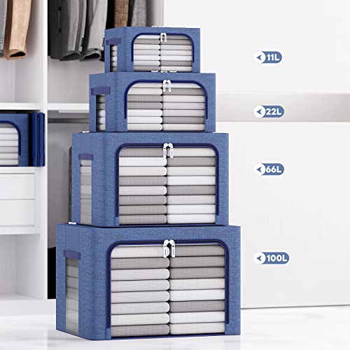 3 Pack Clothes Storage Box - Foldable Stackable Fabric Organizer for Clothing Metal Frame Storage Bins Box with Sturdy Handles and Large Clear Window (11L, Grey)
