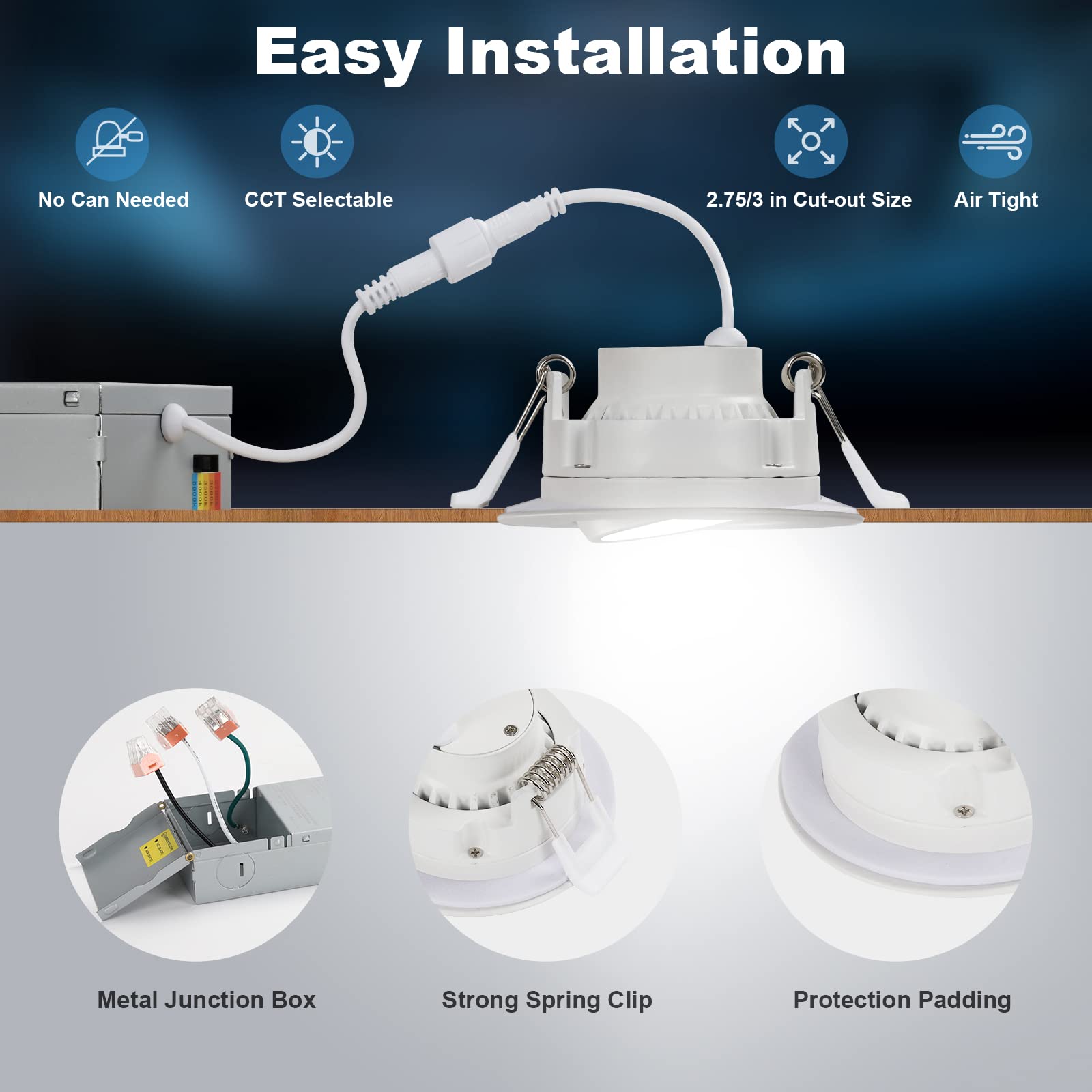 3 inch Gimbal Recessed LED Lighting 5 CCT Dimmable Downlight Adjustable LED Retrofit Trim Lighting 2700K/3000K/3500K/4000K/5000K No Can Needed, IC Rated 8W (65W Equiv.) 750lm (4 Pack)