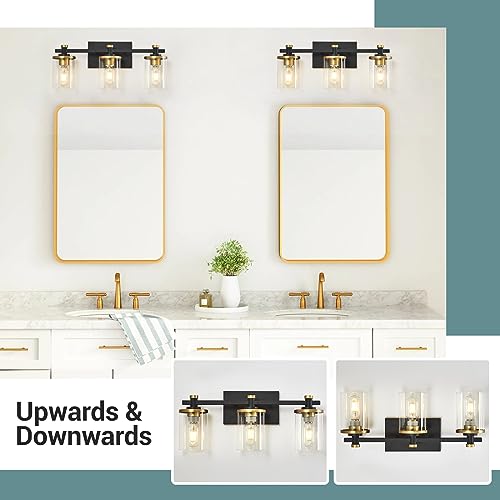 Atocif Bathroom Vanity Light 3-Light, Black and Gold Bathroom Light Fixtures with Clear Glass Shade, Vintage Bathroom Vanity Lights, Modern Wall Sconce for Bathroom, Living Room, Hallway, Bedroom