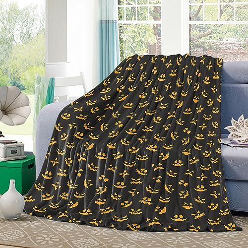 Throw Blanket- Happy Halloween Soft Warm Plush Fleece Bed Throw,50x60In Flannel Blankets Horror Ghost Face Bedding Throws for Women/Men Bedroom Living Room Office Decor Black
