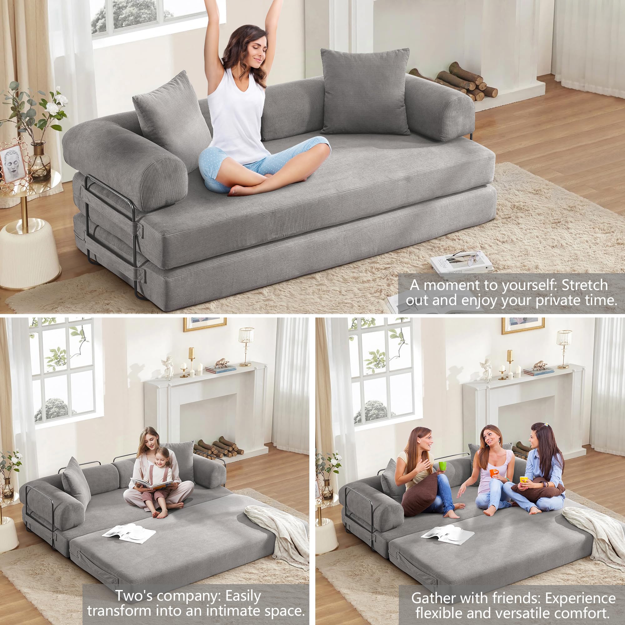 4-in-1 Free Combination Loveseat Convertible Sleeper Sofa Bed Floding Accent Futon Couch Corduroy Modular Sectional Sofa&Couch King Size Floor Daybed for Living Room Apartment Office Furniture
