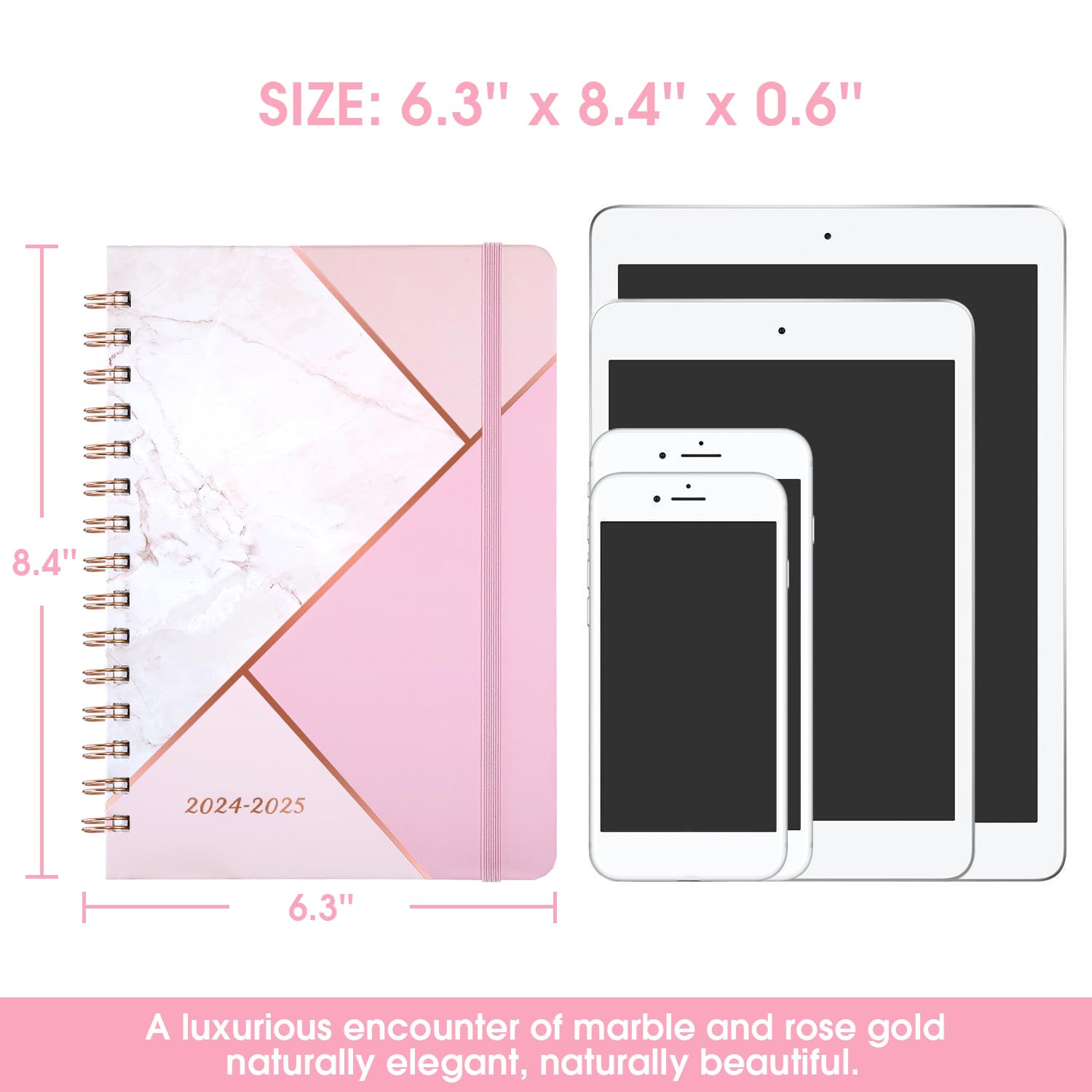 2024-2025 Planner - July 2024 - June 2025, Planner 2024-2025, 6.3" x 8.4", 2024-2025 Weekly and Monthly Planner with Marked Tabs - Pink Marble