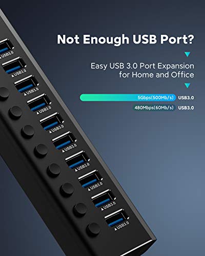 Powered USB Hub 3.0 ikuai Aluminum 10 Port USB 3.0 Data Hub Splitter with 12V/3A 36W Power Adapter and Individual On/Off Switches for Desktop PC Laptop and More