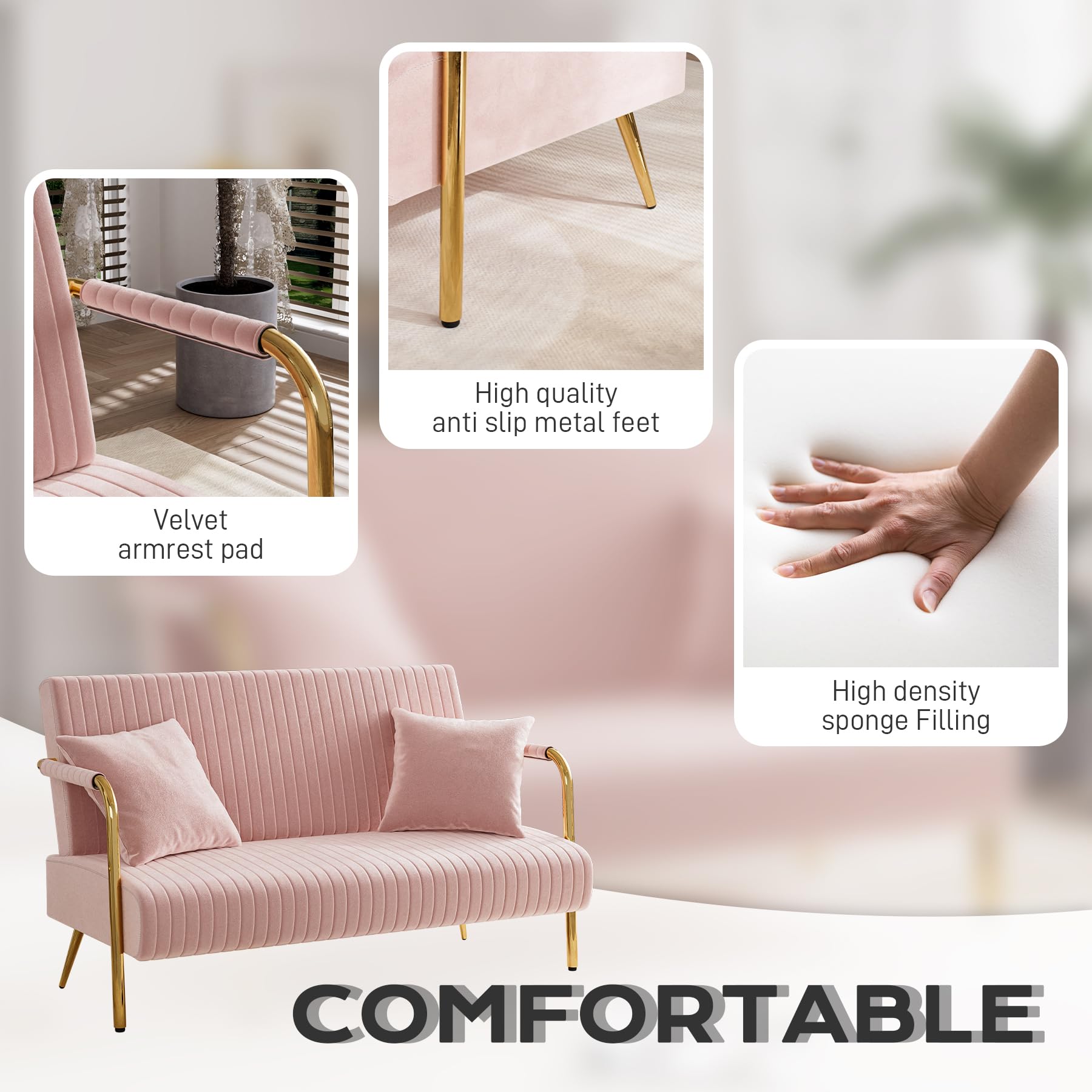 OUYESSIR Loveseat Small Sofa Couch, 59" Love Seat Settee 2 Seater Upholstered Sofa with 2 Pillows for Small Space Living Room Office Apartment (Pink, Velvet)