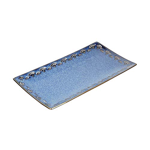 Mikasa Satori Japanese Serving Platter with Wave Pattern Border and Real Gold Rim, Porcelain, Indigo Blue/White, 15.5 x 28 cm