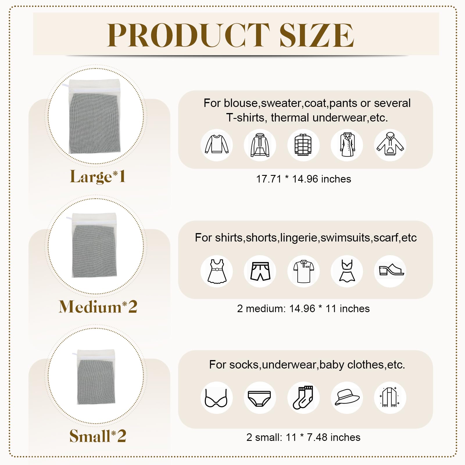 5-Piece Laundry Bag Set, Organic Cotton Mesh Laundry Bag with Zipper and Hanging Loop, 3 Sizes (S,M,L) Mesh Laundry Bag, Artisan Crafted Cotton Mesh Laundry Bag for Delicate Underwear and Socks