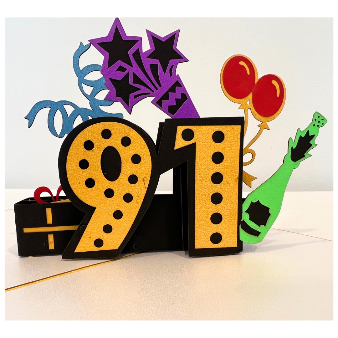 ALPHAK Happy 91st Birthday 3D Pop Up Card, Birthday 3D Greeting Card, 91st Birthday Gifts