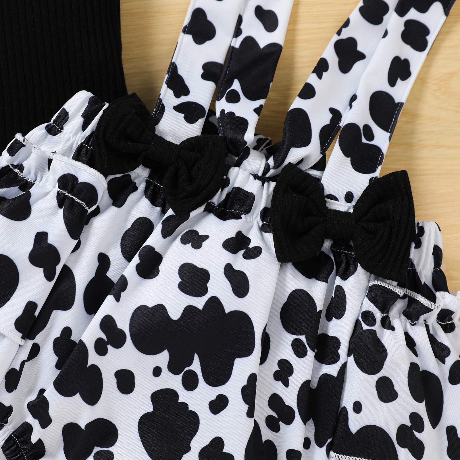ZOELNIC Baby Girls Summer Clothes Knit Short Sleeve Top Bowknot Suspender Cows Print Ruffle Bloomer Headband Outfit Sets (Black, 6-12 Months)