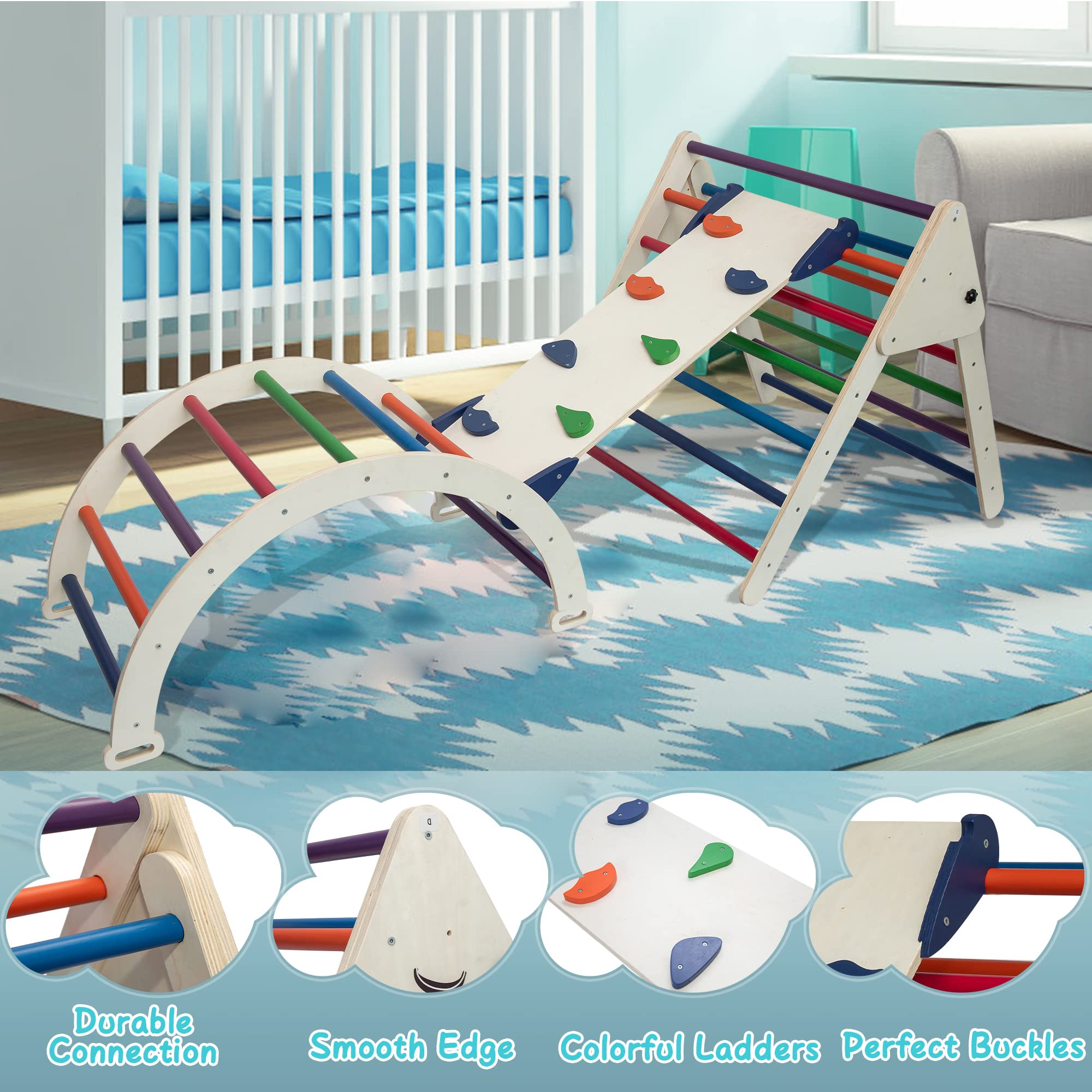 3 in 1 Foldable Triangle Ladder, Pikler Triangle Climber with Ramp, Sturdy Wooden Toddler Climbing Toys for Toddlers 1-3. with Climbing Triangle/Arch/ramp.Multicolourā¦