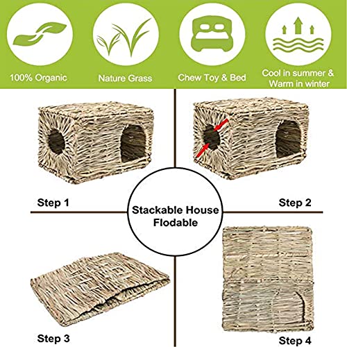 Tfwadmx 2 Pack Rabbit Grass House - Natural Hand Woven Seagrass Play Hay Bed, Collapsible Hideaway Hut Toy for Bunny Hamster Guinea Pig Chinchilla Ferret