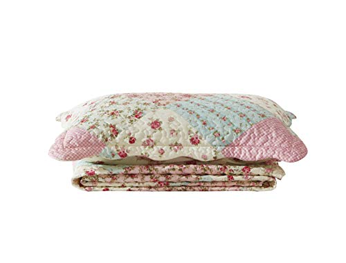 Brilliant Sunshine Pink and Green Rose Patchwork, 2-Piece Quilt Set with 1 Sham, Reversible Bedspread, Soft Lightweight Coverlet, All-Season, Twin, Pink Green