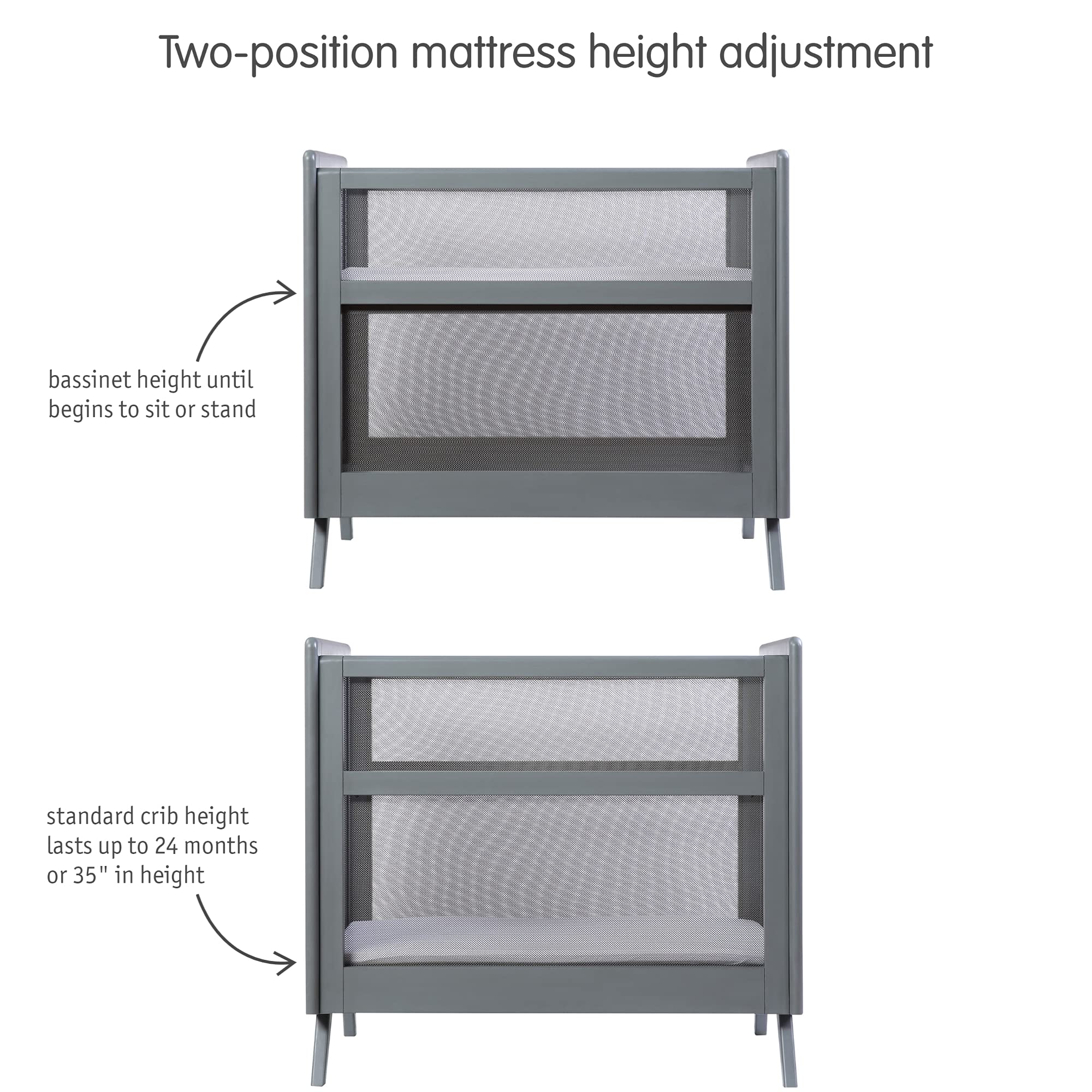 BreathableBaby Breathable Mesh 2-in-1 Mini Crib with Mattress — Gray — Two Adjustable Mattress Heights — Greenguard Gold Certified