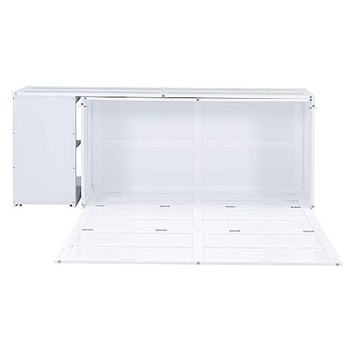 ATY Queen Size Murphy Bed with Rotable Desk, Solid Wood Bedframe w/Shelves, Can Converted into Cabinet, Save Space Design, for Kids, Students, Adults, Box Spring Not Required, White