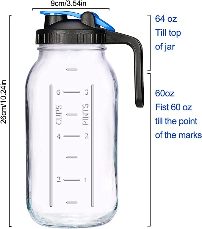 64 OZ Mason Jar Pitcher Wide Mouth 64 oz Mason Jar Pitcher with Airtight Lid and metal lid and band - 2 Quart Pitcher for Iced Tea, Sun Tea, Juice, Coffee (Blue)
