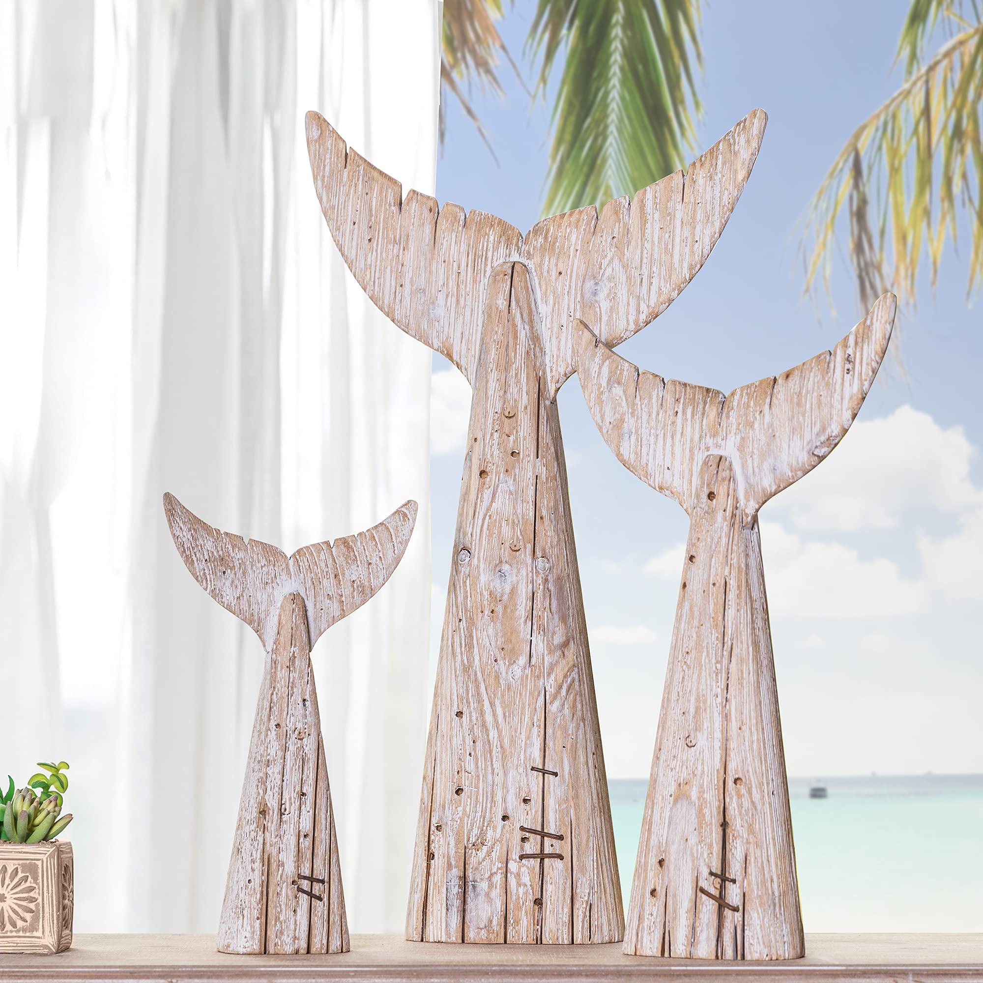 glitzhome Farmhouse Tabletop Decor Set of 3 Coastal Weathered Wood Whale Tail Statue Nautical Table Decor Rustic Distressed Wood Whale Tail Sculpture Table Centerpiece Home Decor