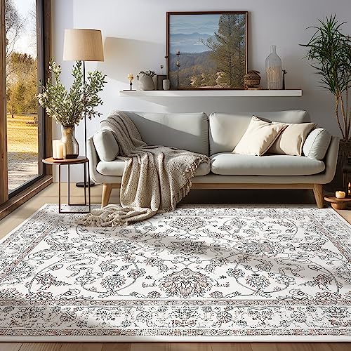 Area Rug Living Room Rugs - 5x7 Machine Washable Soft Farmhouse Boho Moroccan Floral Thin Rug Indoor Floor Carpet for Bedroom Under Dining Table Home Office Decor - Brown