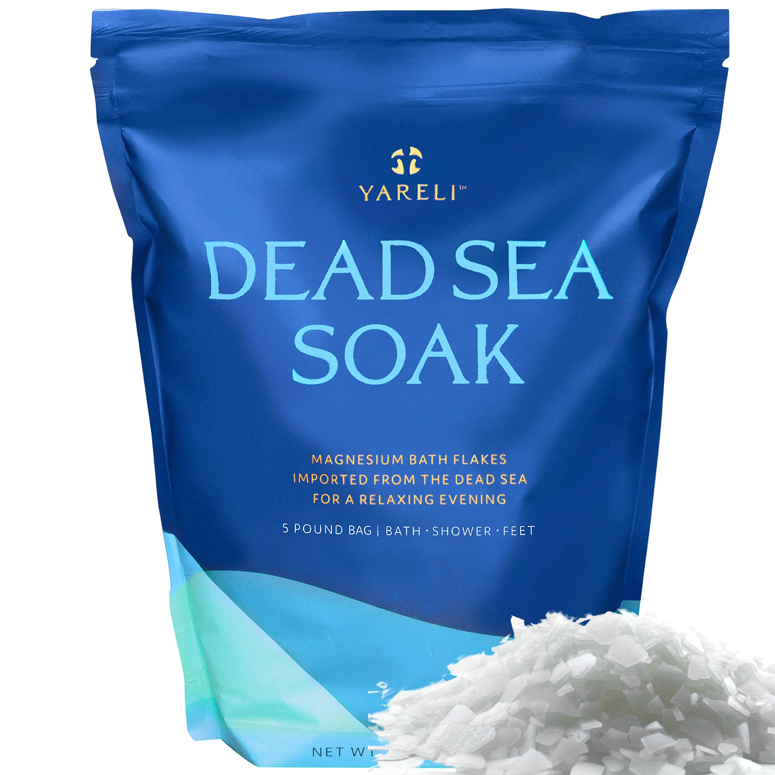 Yareli Dead Sea Bath & Foot Soak, Unscented Magnesium Bath Salt Flakes, Alternative to Epsom Salt, 5lbs with Over 250,000mg of Elemental Magnesium Per Bag