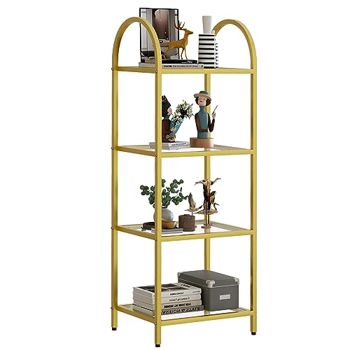 Arbuxzuy 4-Tier Bookcase ，Small Bookshelf ，Narrow Tempered Glass Bookshelves，Slim Shelving Unit for for Living Room, Bedroom, Home Office, Gold