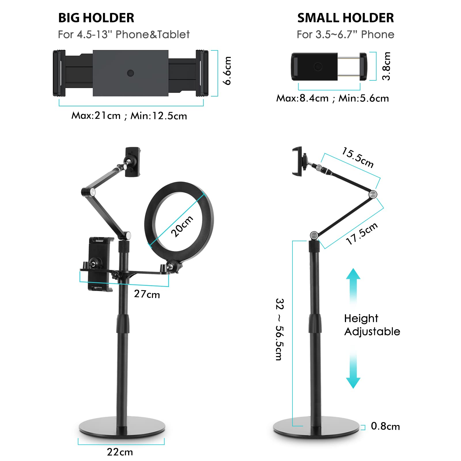 viozon 3-in-1 Selfie Desktop Live Stand, Height Adjustable/Overhead, 8" LED Ring Light, Compatible with 3.5-13" Tablet& Phone, Suitable for YouTube/Tiktok/Recording/Streaming/Online Meeting-B