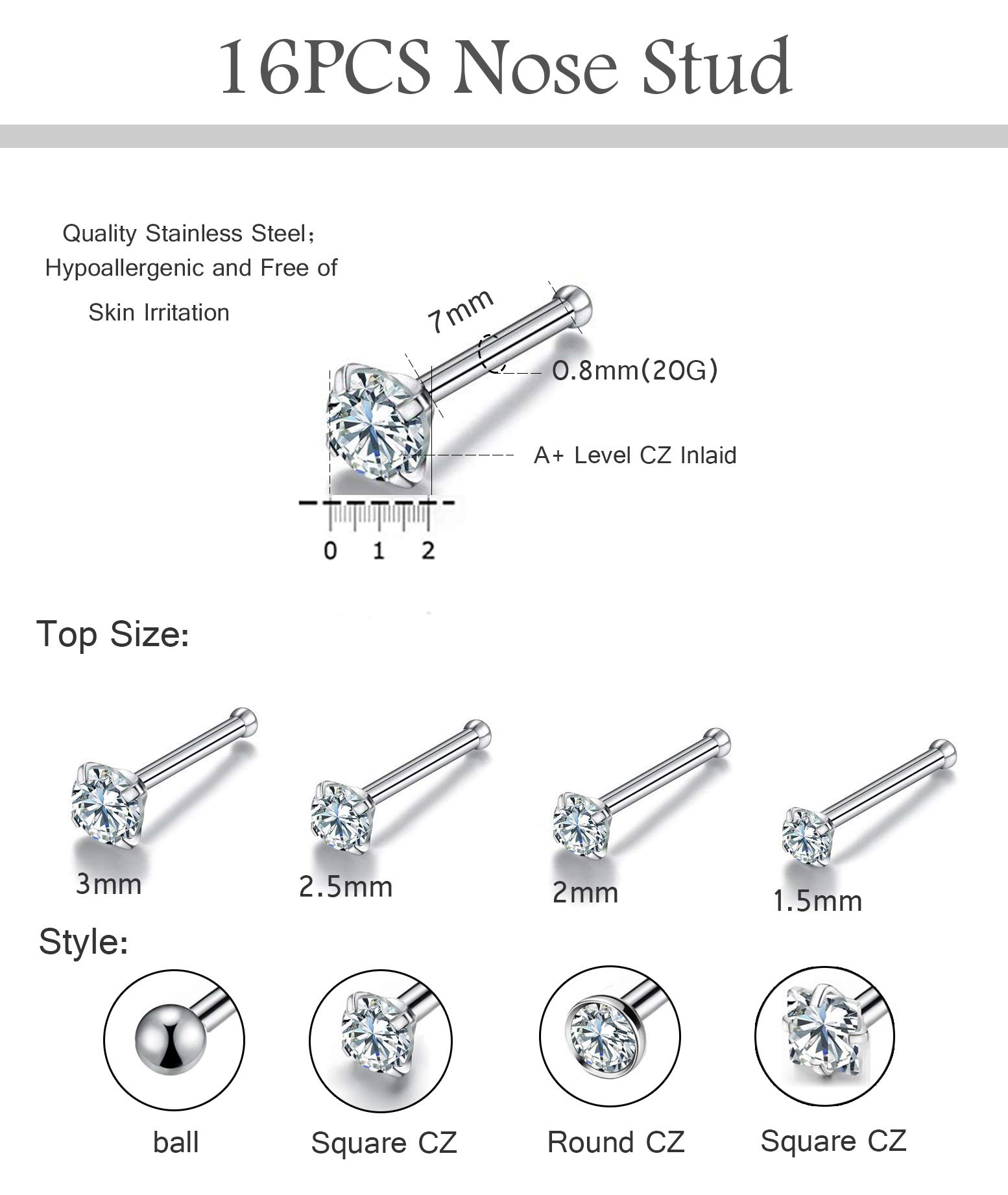 20g Nose Ring Surgical Steel 16pcs 20g Stainless Steel Nose Ring Stud for Women Straight Bar Nose Stud 1.5mm 2mm 2.5mm 3mm CZ Body Piercing for Women Men