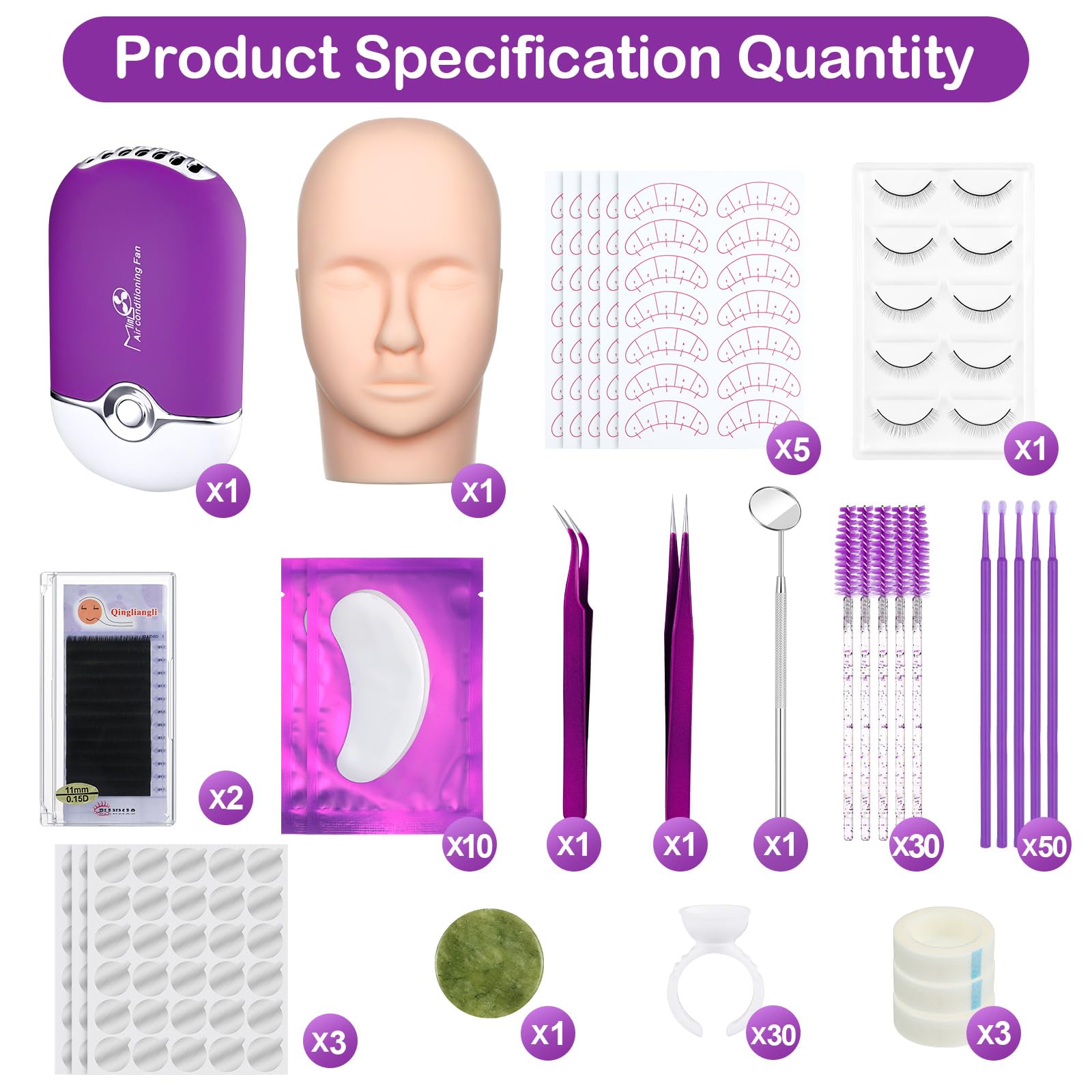 261 Pcs Eyelash Practice Kit Lash Kit for Eyelash Extension USB Air Conditioning Blower False Eyelash Mannequin Head Eye Lash Extension Kit Permanet for Beginner Makeup Training (Purple)