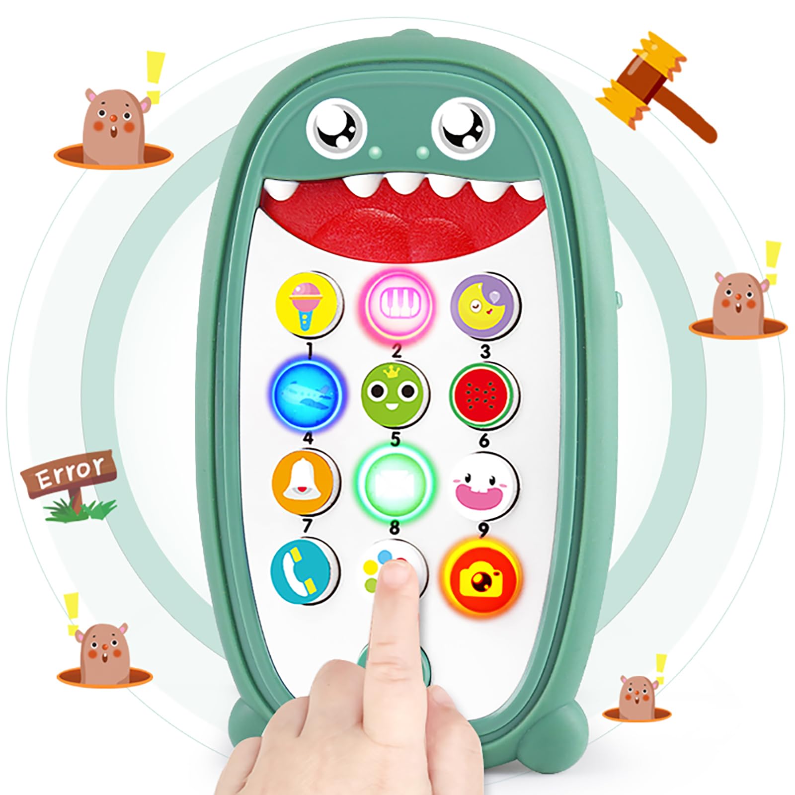 Baby Dinosaur Cell Phone Toy Removable Soft Teether Case, Lights, Music & Adjustable Volume Kids Play & Learn Pretend Phone Infant Toddler, Preschool Holiday Birthday Gift Girl Boy 18 Months (Green)