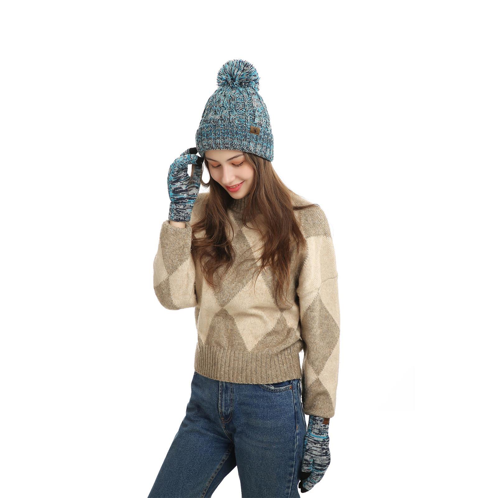 3 in 1 Winter Beanie Hat Neck Warm Scarf and Touch Screen Gloves Set for Women and Men,Knit Cap Set