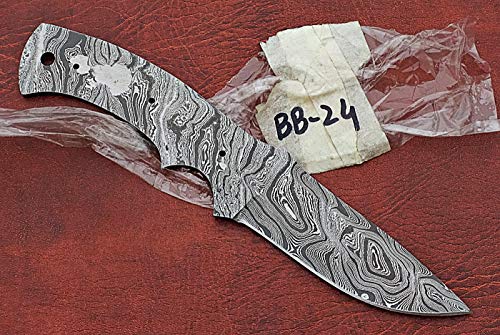 8.5 inches long Drop point blank blade skinning knife, hand forged Damascus steel 4.5" scale space with 3 Pin hole & an inserting hole space 3.75 inches cutting edge