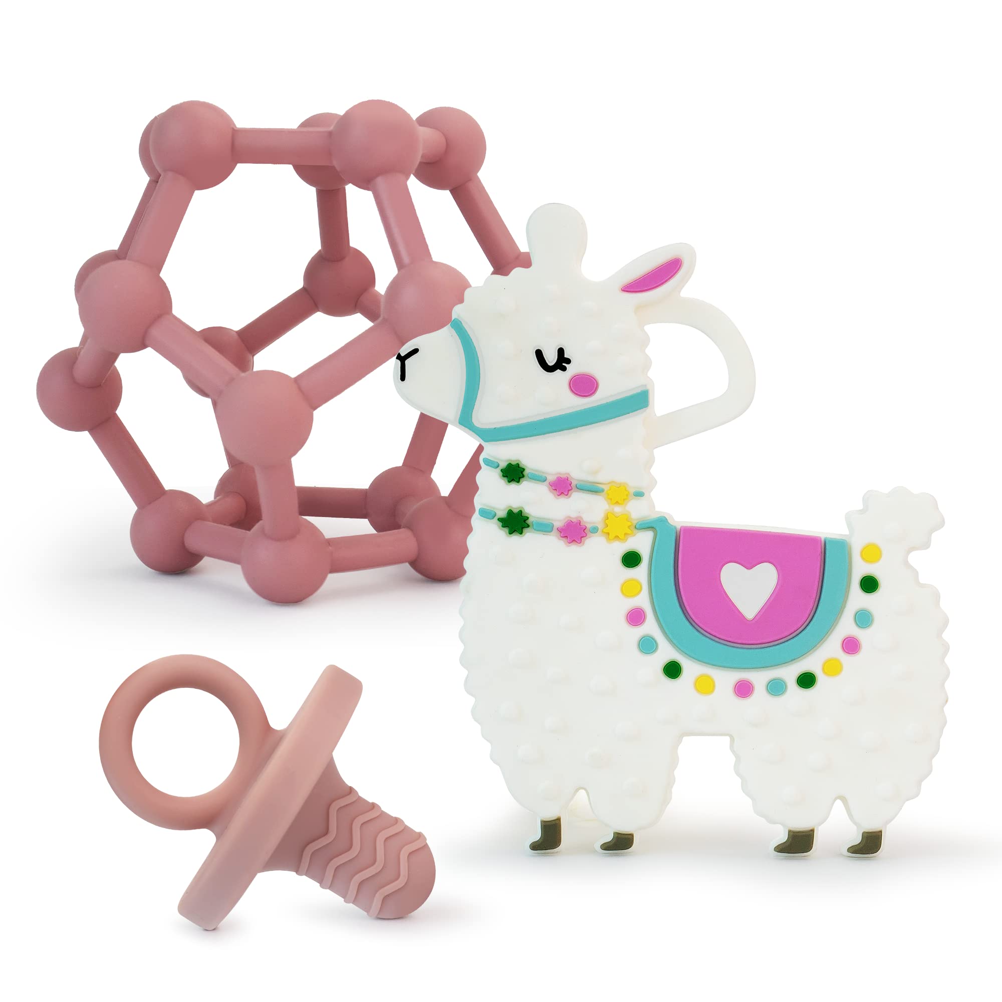 Bambiya Baby Teethers - Food-Grade Silicone Baby Toy for Teething - Infant Toys for Babies Aged 0-12 Months - Llama Baby Stuff with Pacifier, Llama Teething Toy, Geometric Teether Ball Set - 3-Pack