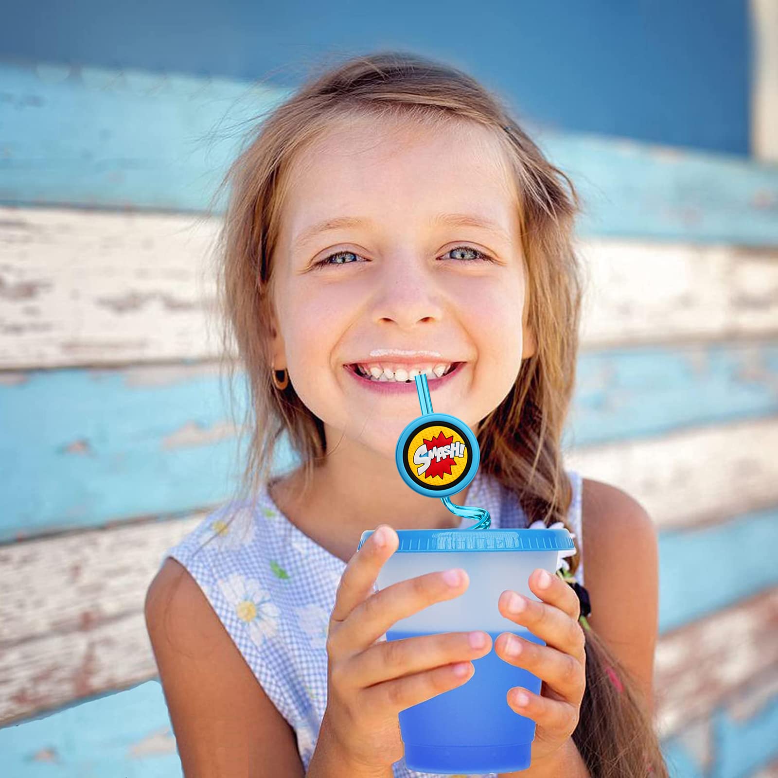 24 Superhero Word Drinking Plastic Straws 6 Designs Great for Birthday as Superhero Party Favors and Party Supplies with 2 Cleaning Brush