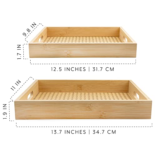 AuldHome Ottoman Rattan Breakfast Trays (Set of 2); Basket Serving Trays with Wooden Fram for Serving Guests, Coffee Break, Breakfast and More
