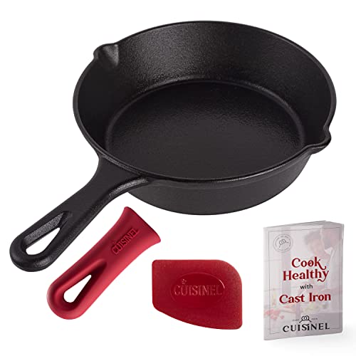 Cast Iron Skillet - 8"-Inch Frying Pan with Pour Spouts + Silicone Handle Holder Cover - Pre-Seasoned Oven Safe Cookware - Indoor/Outdoor Use - Grill, BBQ, Stovetop, Firepit, Gas and Induction Safe
