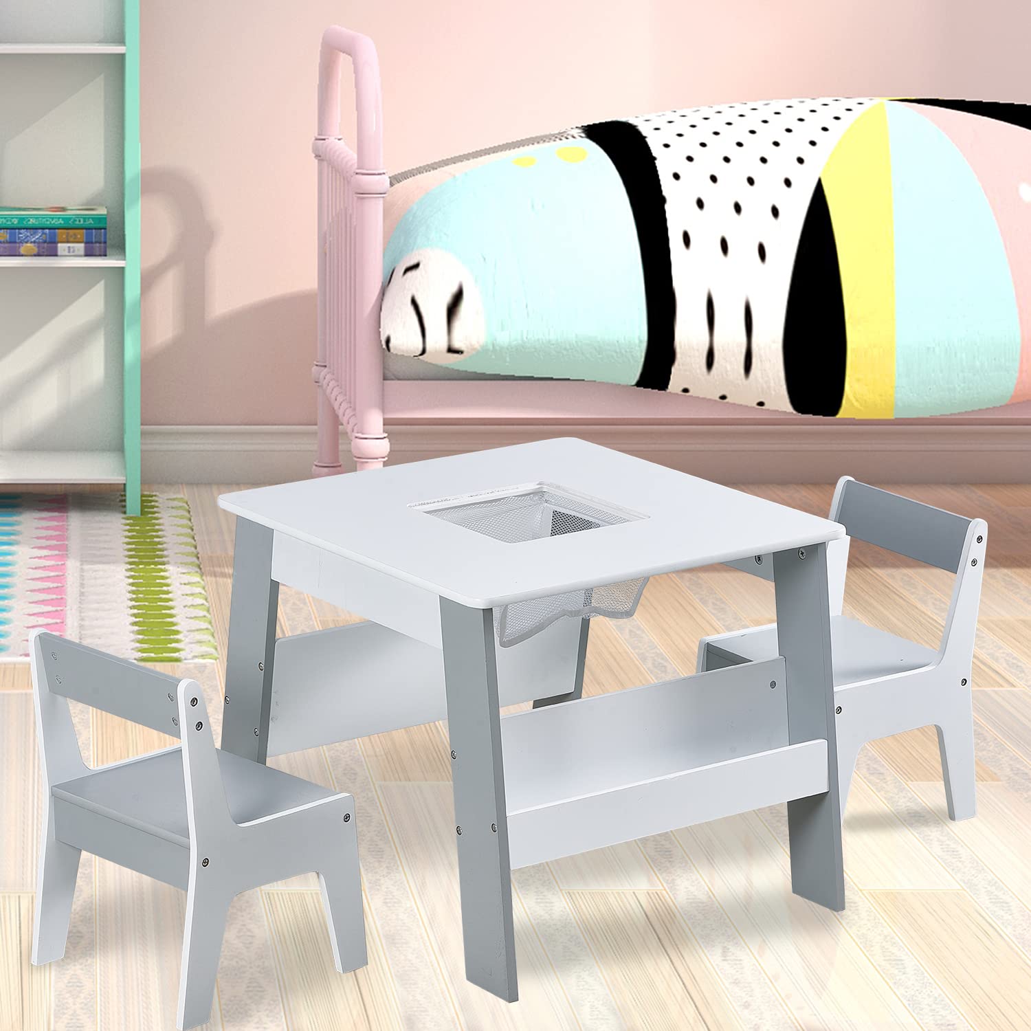 Anxious monkey Kids Table and Chairs Set, 2 in 1 Desk with Storage Space Wooden Activity Tabletop for Kids, Unique, Sturdy Children Table and Chairs Set for Reading, Drawing, Playroom, Gift for Kids