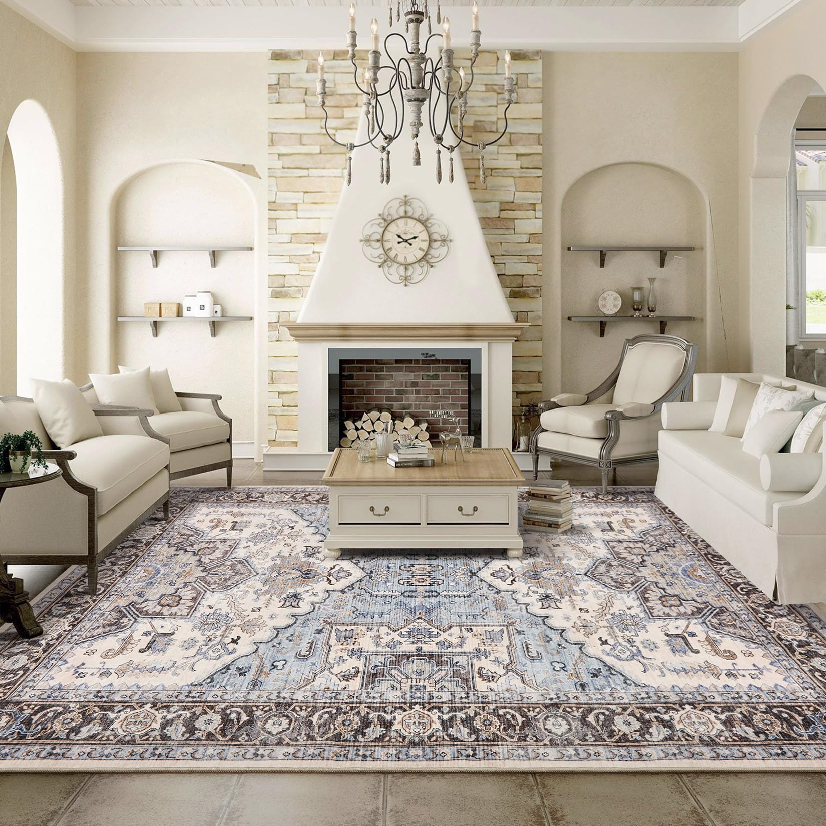 Area Rug Living Room Rugs - 8x10 Soft Machine Washable Oriental Persian Floral Distressed Rug Large Indoor Floor Carpet for Bedroom Under Dining Table Home Office Decor - Cream Blue