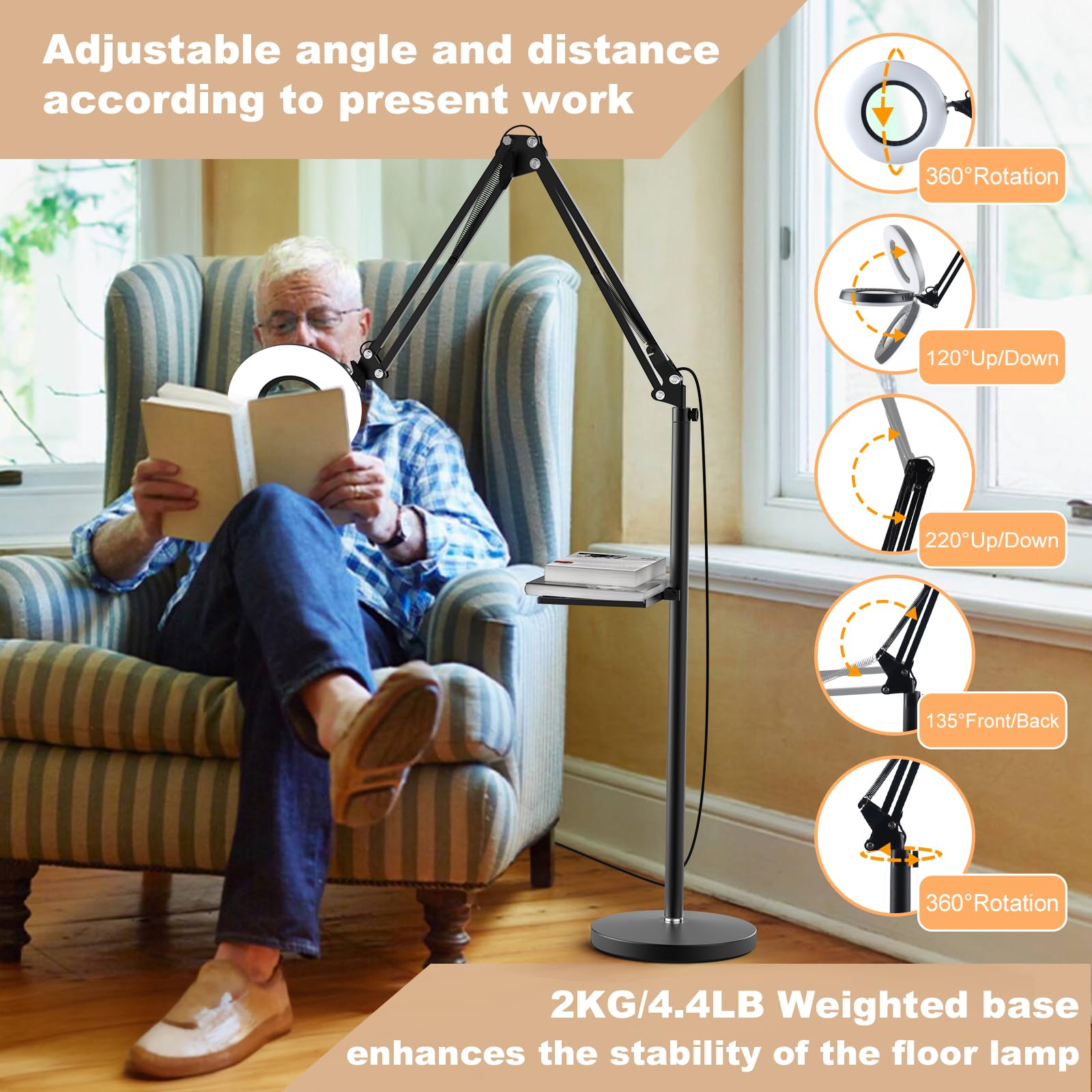 2300 Lumens Magnifying Glass with Light and Stand, 5X Esthetician Light Lamp with Overweight Base, 5 Color Modes, 3-in-1 Dimmable Magnifying Floor Lamp for Reading, Eyelash Extensions, Close Work