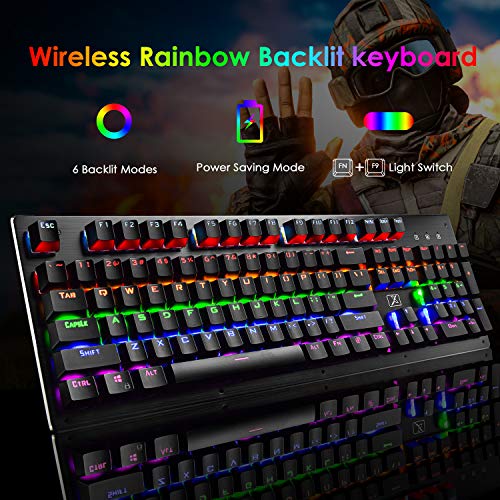 Wireless Gaming Keyboard and Mouse Combo with 104 Key Rainbow LED Backlight Rechargeable 4600mAh Battery Mechanical Keyboard Anti-ghosting Ergonomic RGB Mute Mice for Computer PC Gamer (Blue Switch)